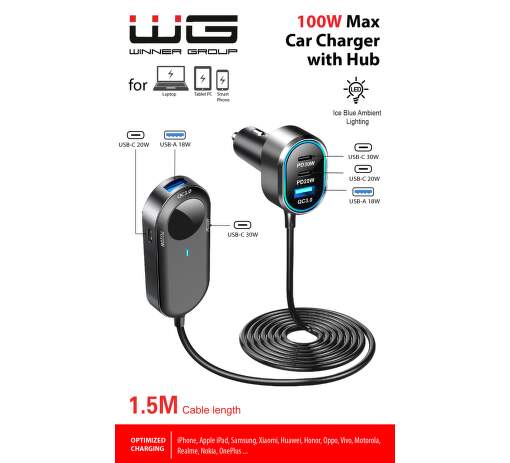 Winner Group autonabíjačka 4x USB-C/x USB-A 1,5 m 100 W čierna | Nay.sk